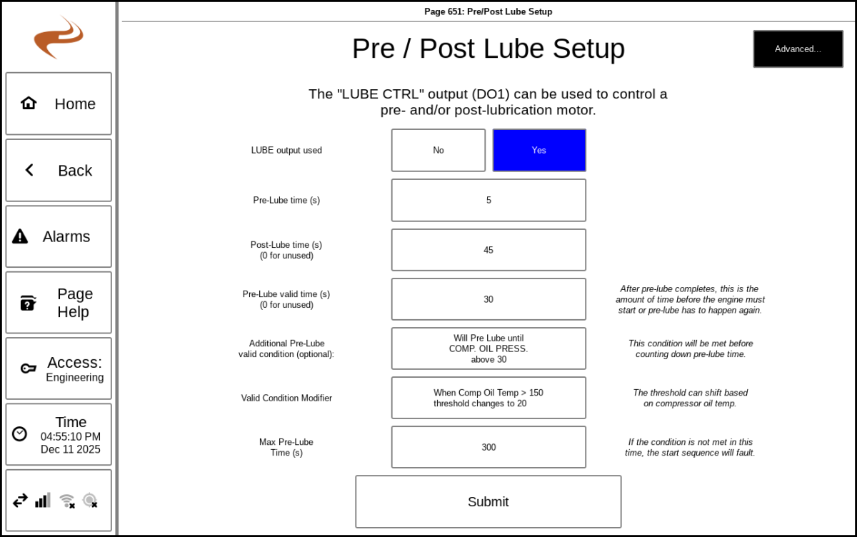 Annunciator Setup - Prelube & Postlube - EMIT Controls